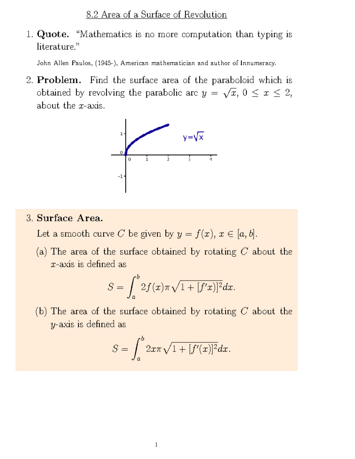 sec 8.2 Surface Area (for section 8.2) - 8 Area of a Surface of ...