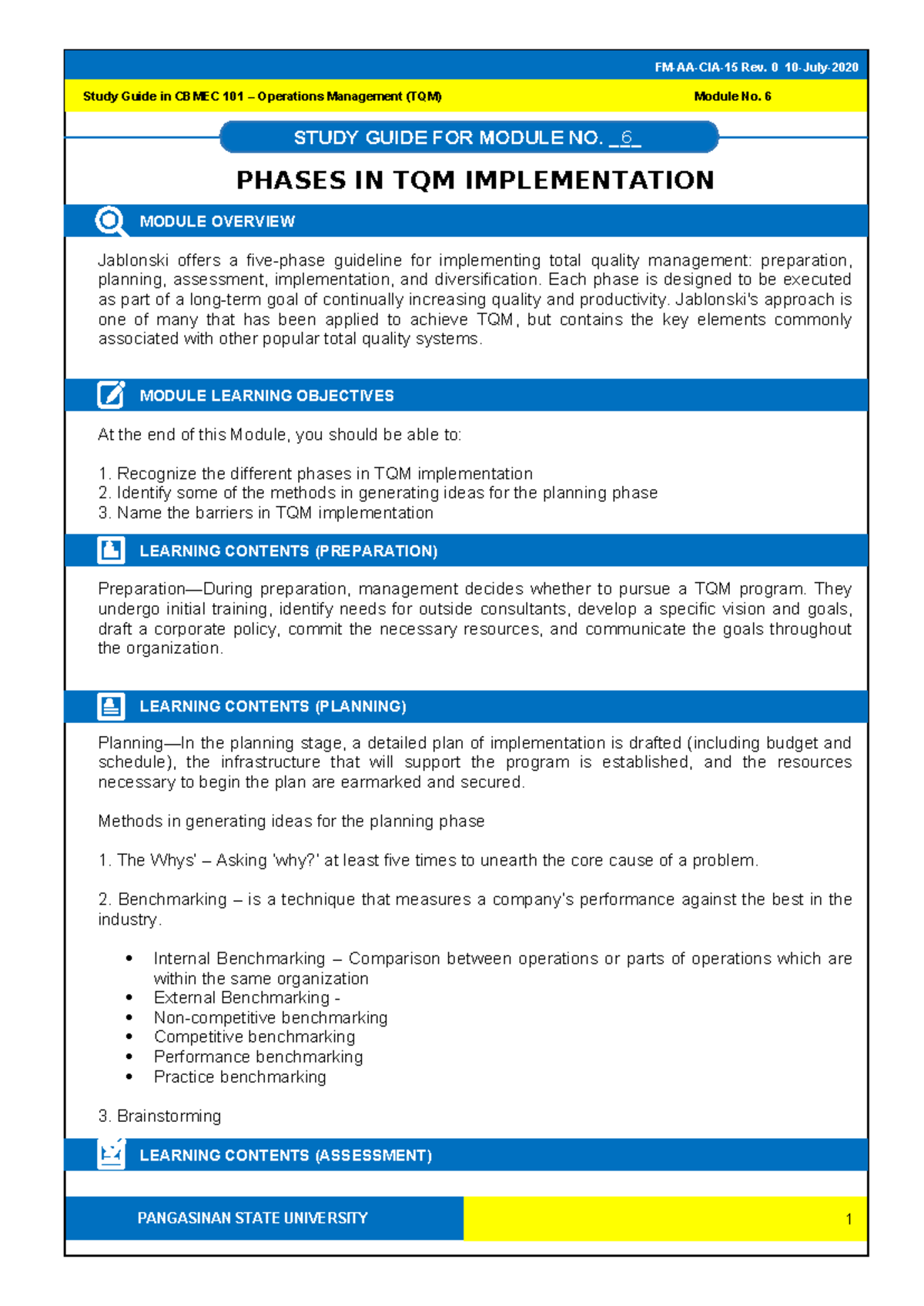 Cbmec 101 SG 6 - study guide - STUDY GUIDE FOR MODULE NO. ___ FM-AA-CIA ...