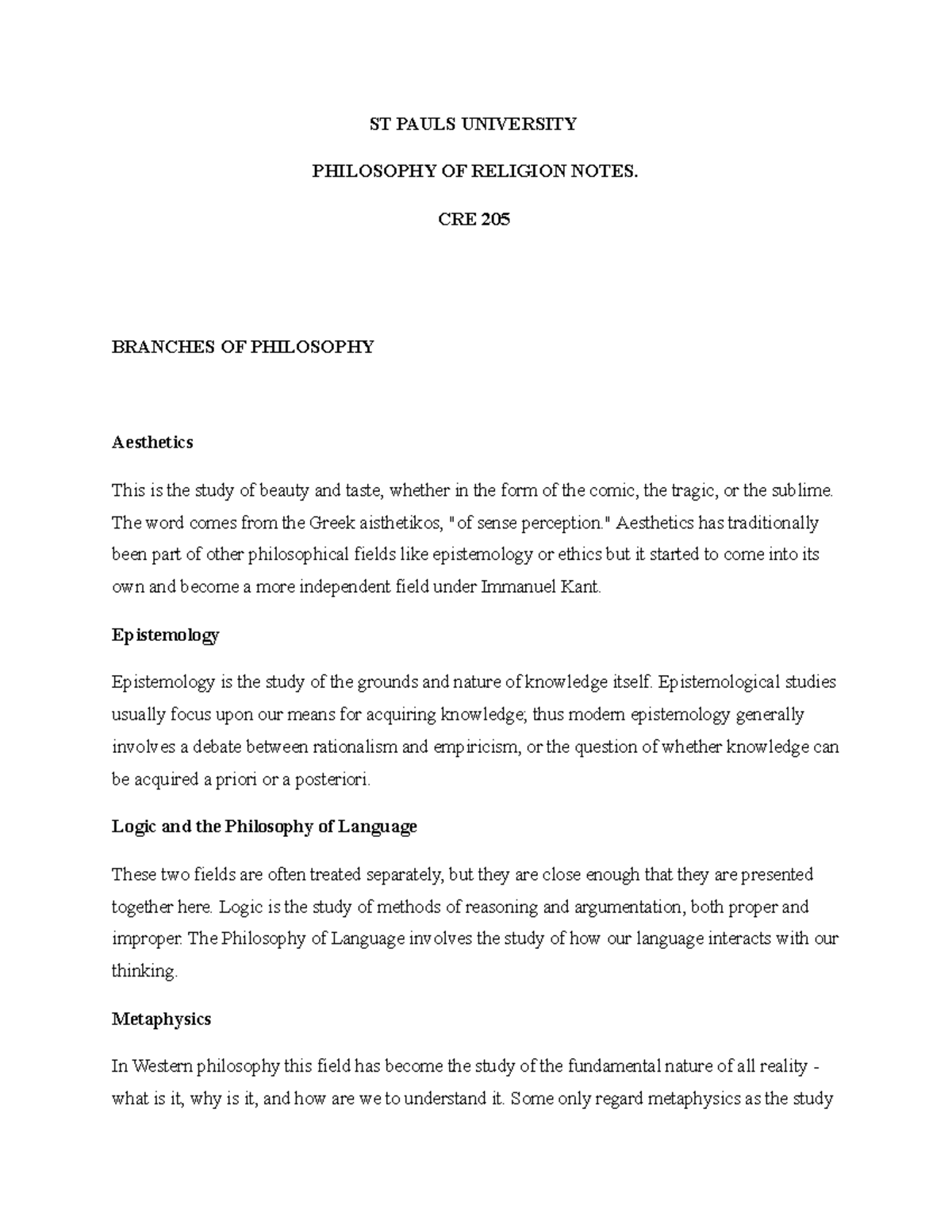 Philosophy OF Religion Notes - ST PAULS UNIVERSITY PHILOSOPHY OF ...