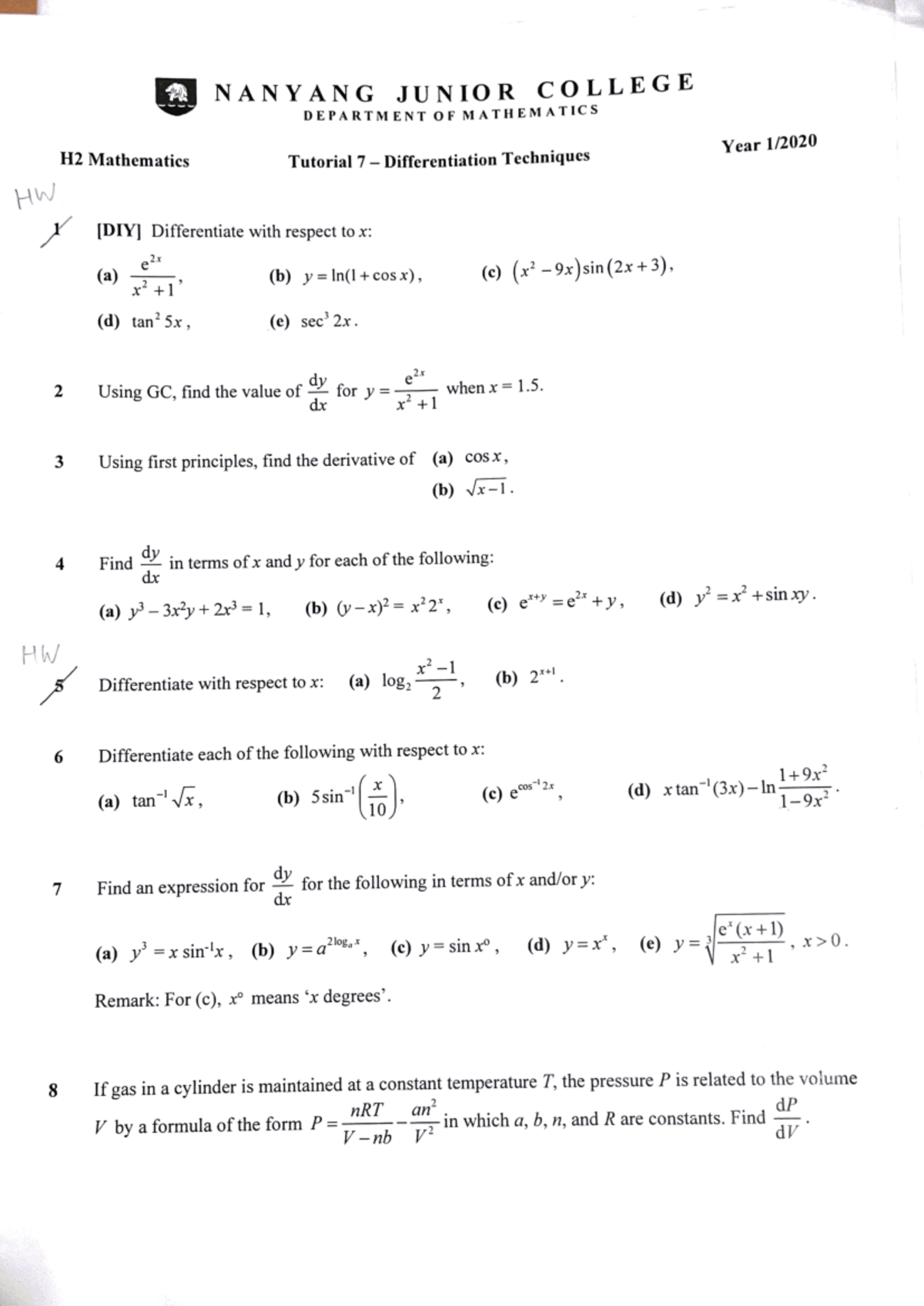 NYJC H2 Math Tutorial 7 & 8: Differentiation and Applications of Differentiation - NANYANG ...