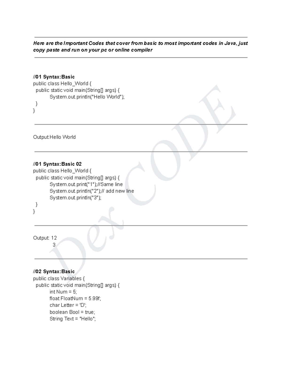 Java All Important Codes Dex Code Dex Code Here Are The Important