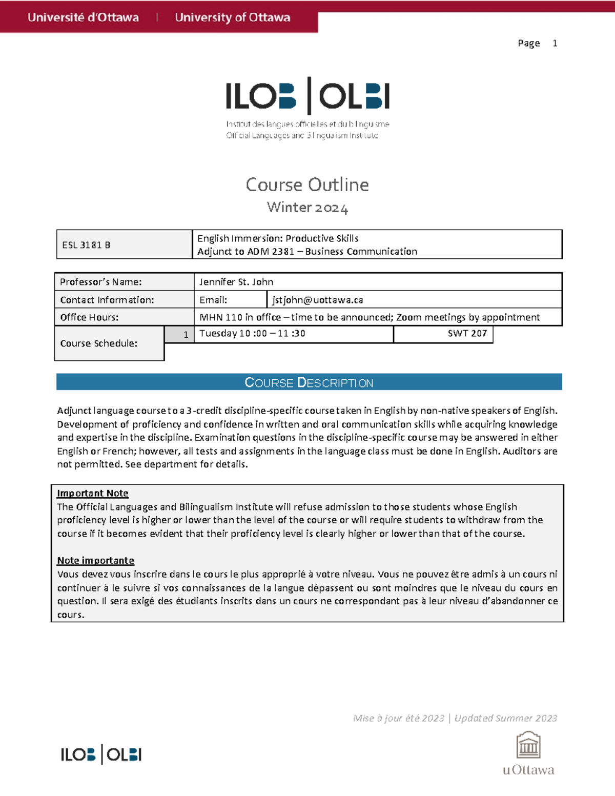 ESL 3181 C for ADM 2381 Winter 2024 - Course Outline Winter 2024 ESL ...
