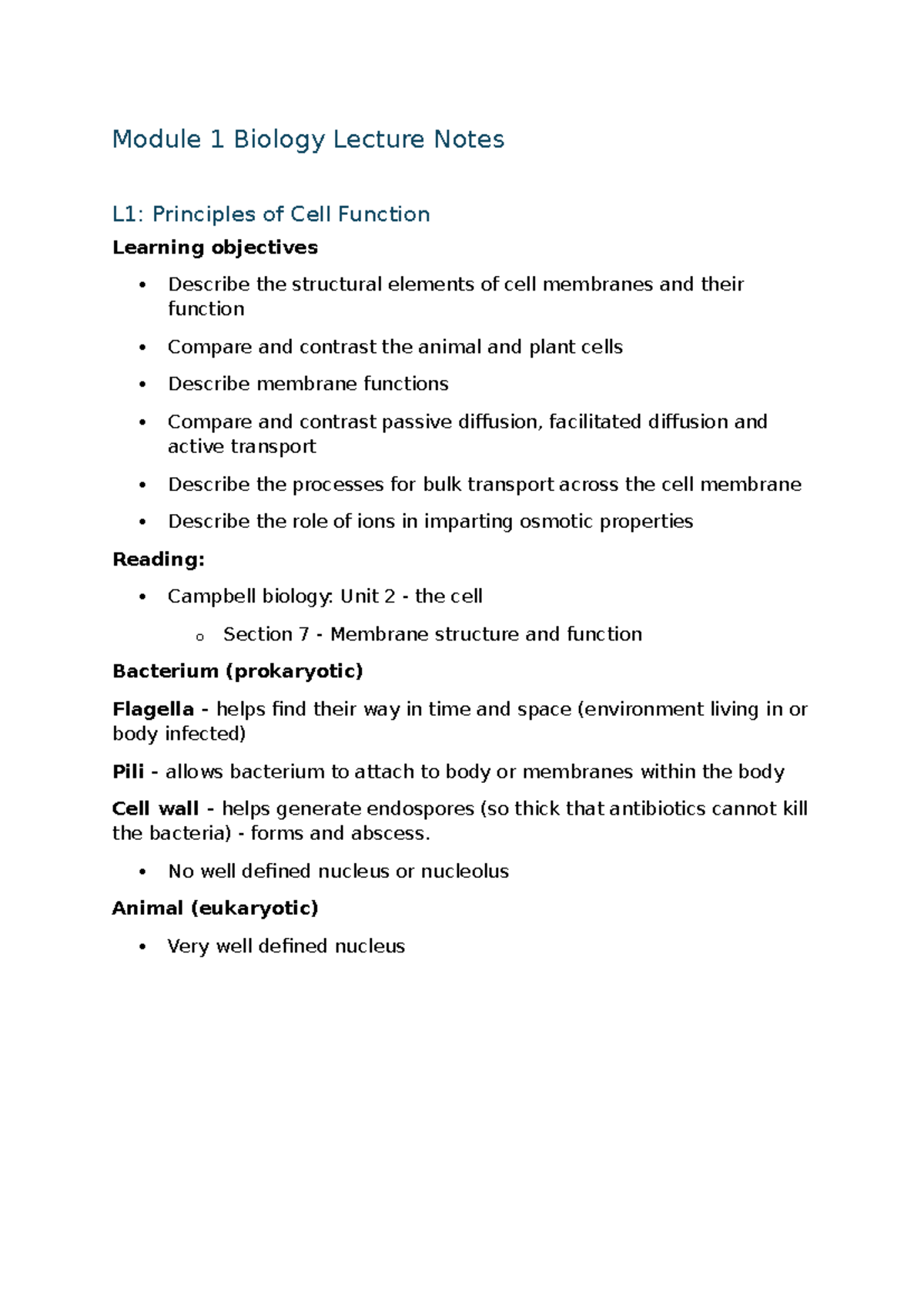 BIOL1040 module 1 notes - Module 1 Biology Lecture Notes L1: Principles ...