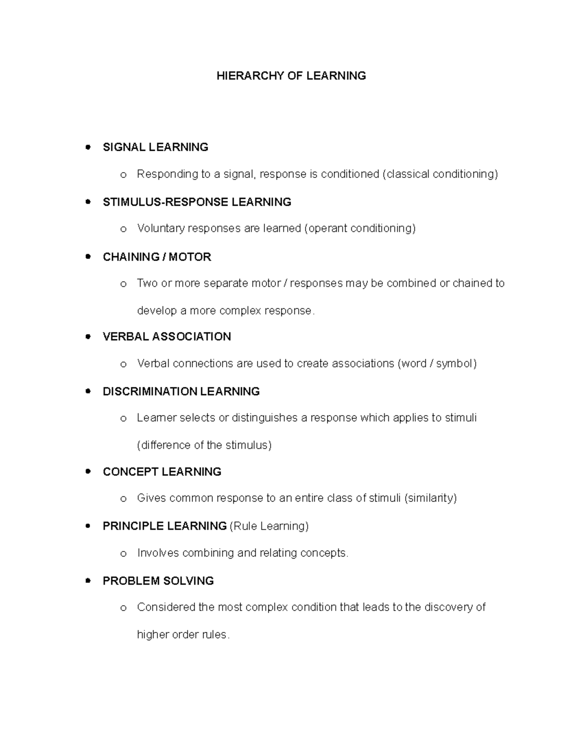 Hierarchy Of Learning - HIERARCHY OF LEARNING SIGNAL LEARNING o ...