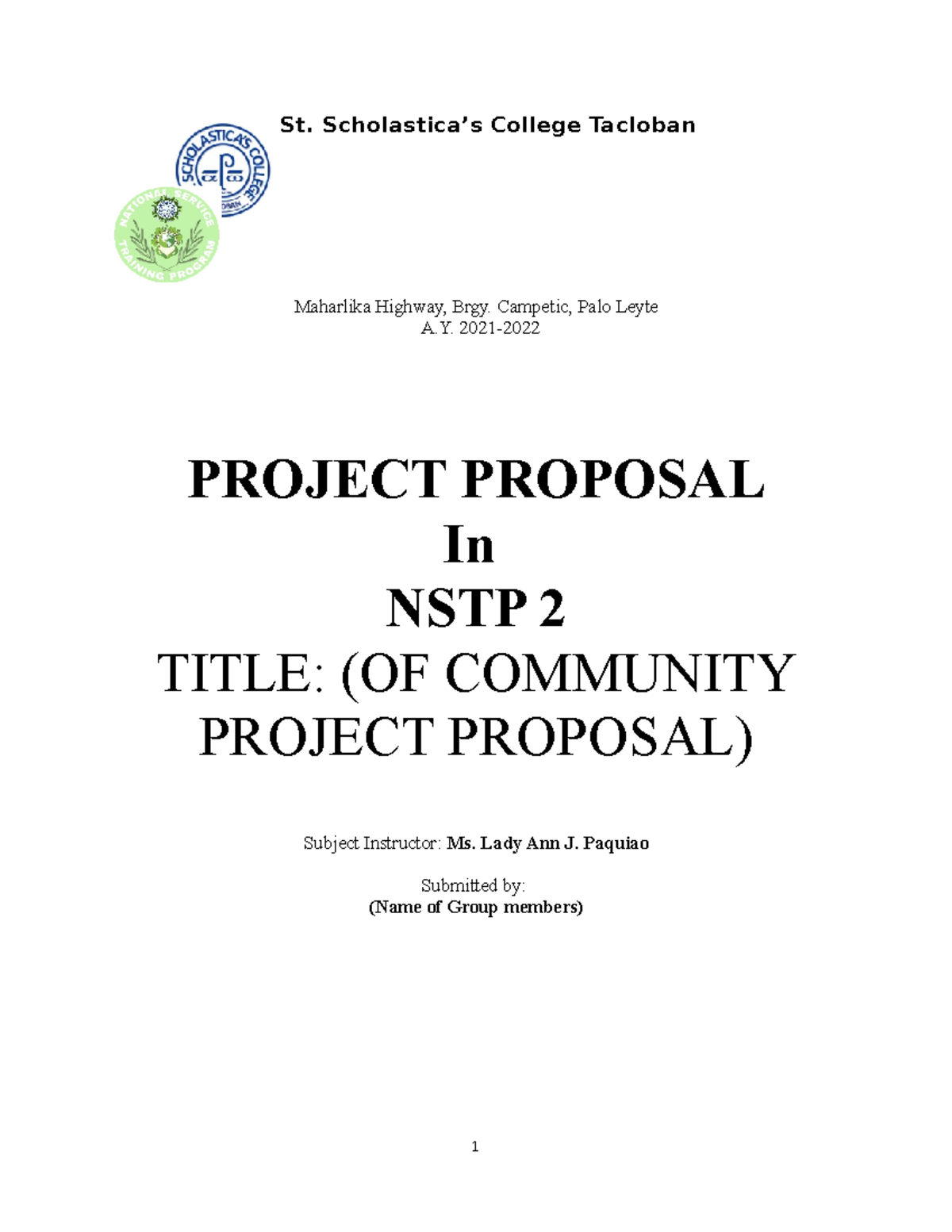 Format Community Project Proposal papasa lahat - St. Scholastica’s ...
