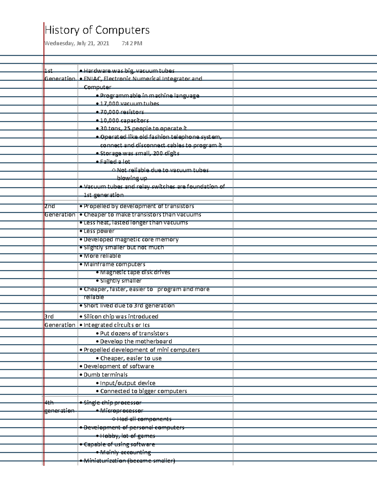 History of Computers - notes - ϭƐƚ 'ĞŶĞƌĂƚŝŽŶ ͻ,ĂƌĚǁĂƌĞ ǁĂƐ ďŝŐ͕ ǀĂĐƵƵŵ ...