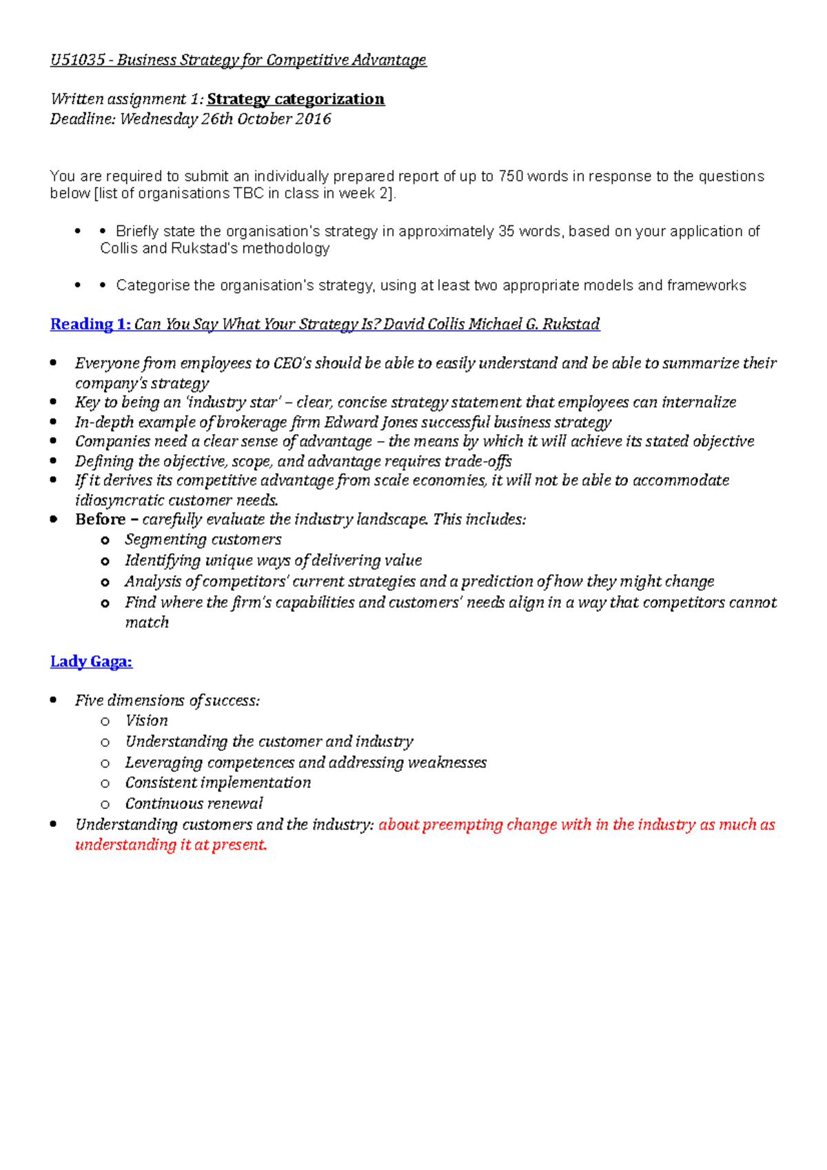 Strategy Assignment 1 plan - U51035 - Business Strategy for Competitive ...