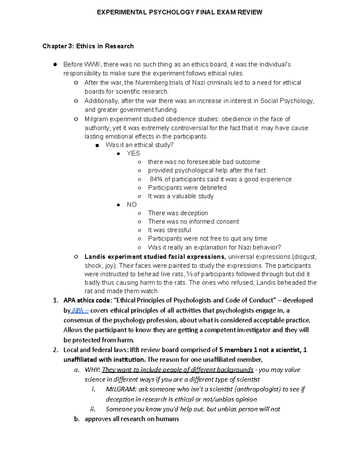 Review sheet for 213W Final Exam - EXPERIMENTAL PSYCHOLOGY FINAL EXAM ...