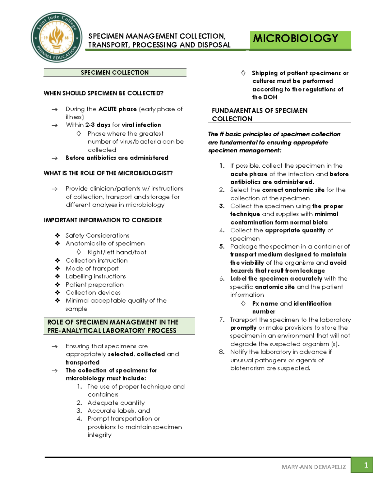 Specimen Collection - Lecture - SPECIMEN MANAGEMENT COLLECTION ...
