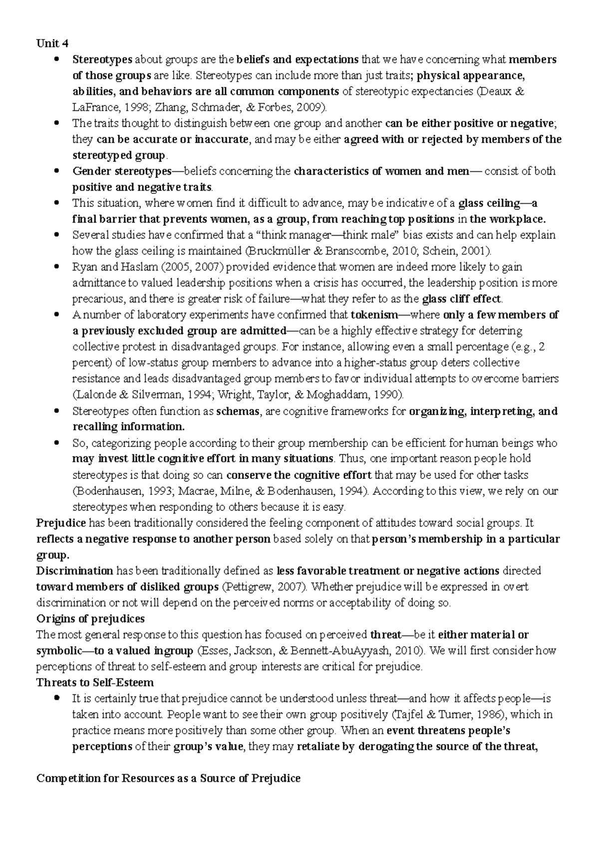 Soc psych unit 4 - summary of unit 4 - Unit 4 Stereotypes about groups ...