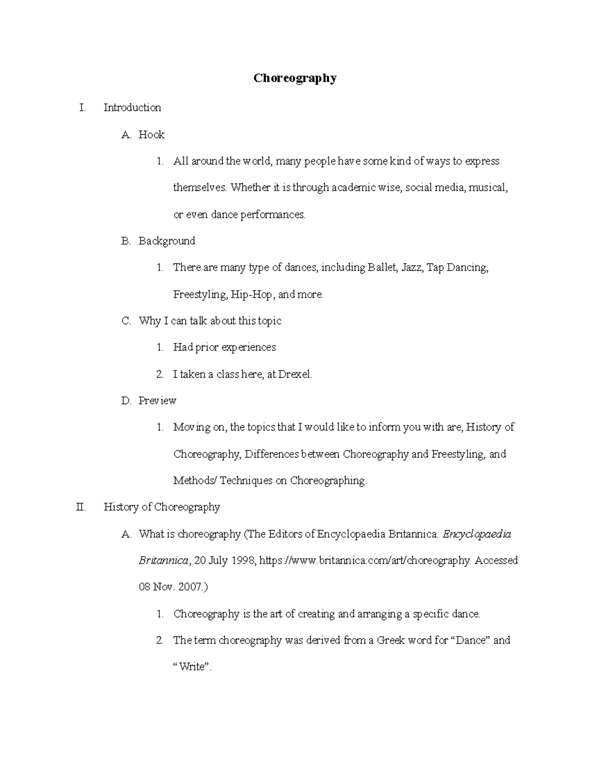 Imformative Speech Outline 2019 - Choreography I. Introduction A. Hook ...