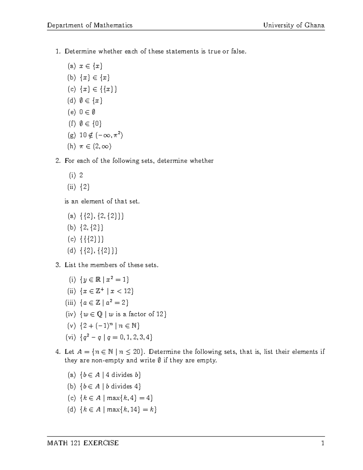 MATH-121- Exercise SET-1 - mathematics algebra - UG - Studocu