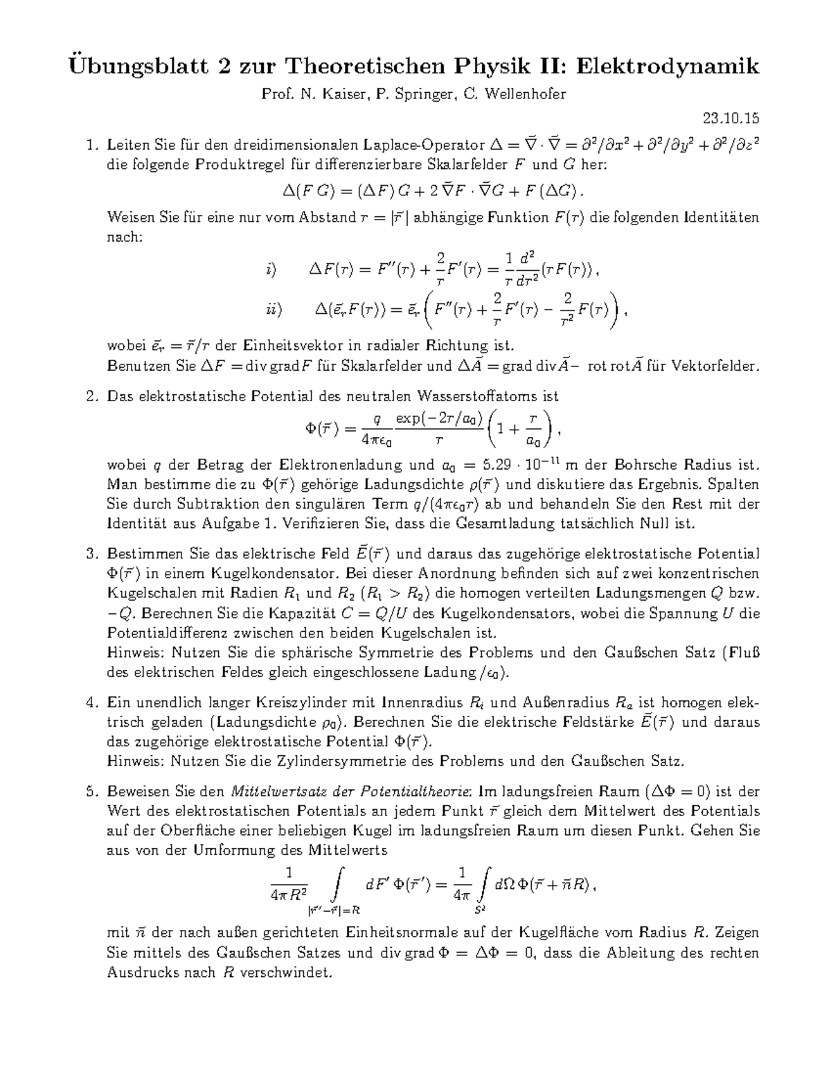 ED-Blatt 02 - Ubungsblatt 2 zur Theoretischen Physik II: Elektrodynamik ̈ Prof. N. Kaiser, P ...