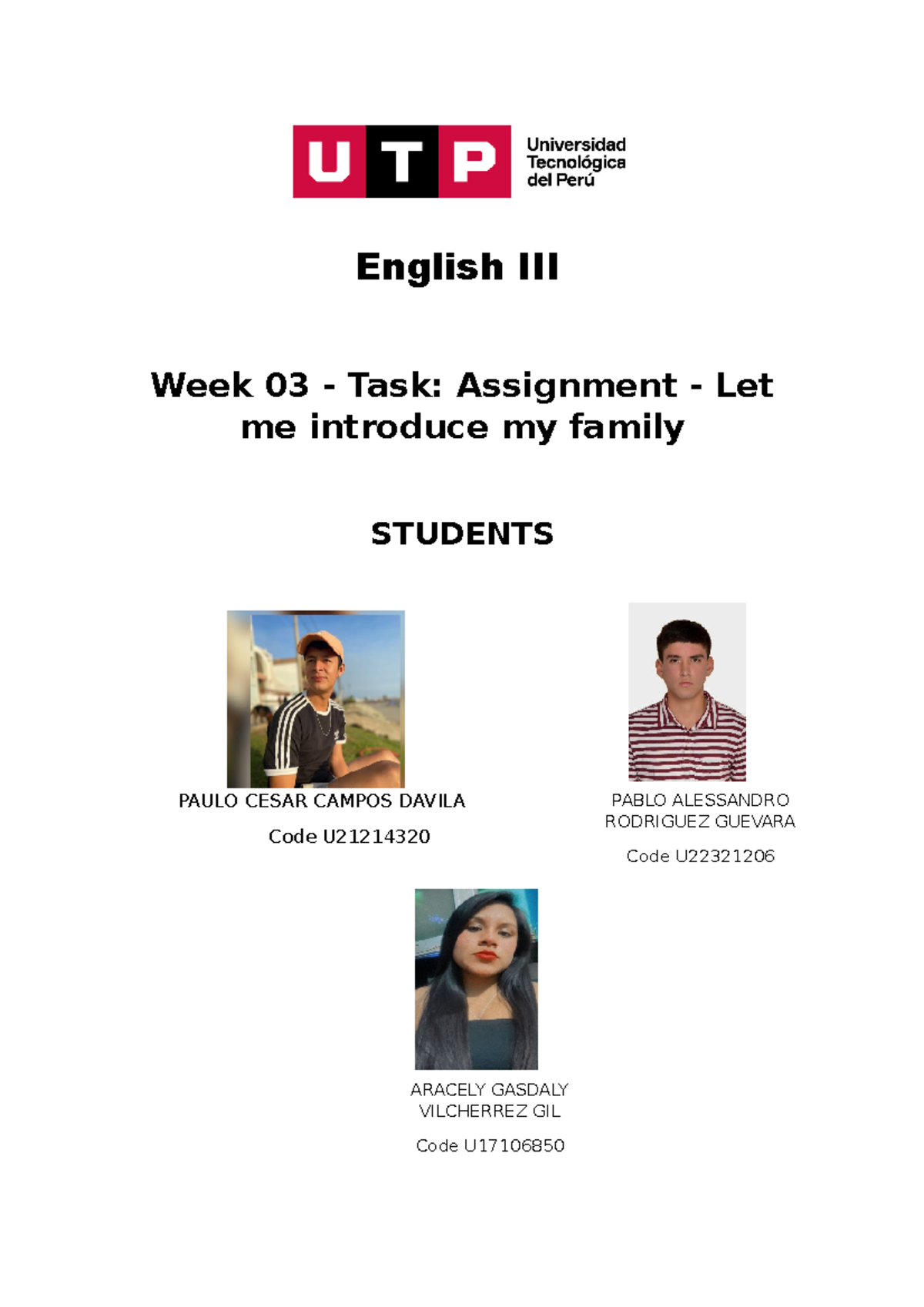S.3 my family - ASDFGHJKL - Week 03 - Task: Assignment - Let me introduce my family STUDENTS ...
