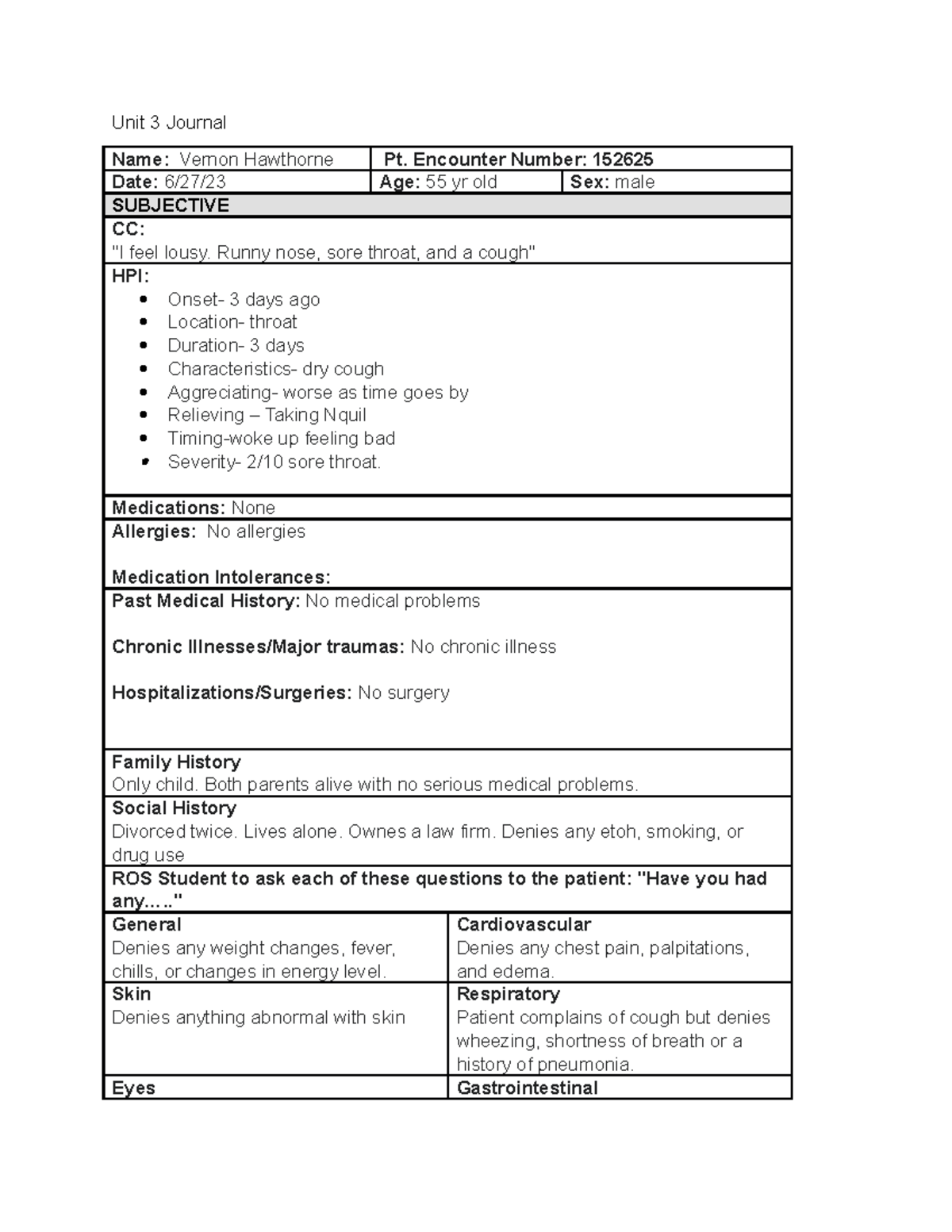 Unit 3 journal - SOAP note - Unit 3 Journal Name: Vernon Hawthorne Pt ...