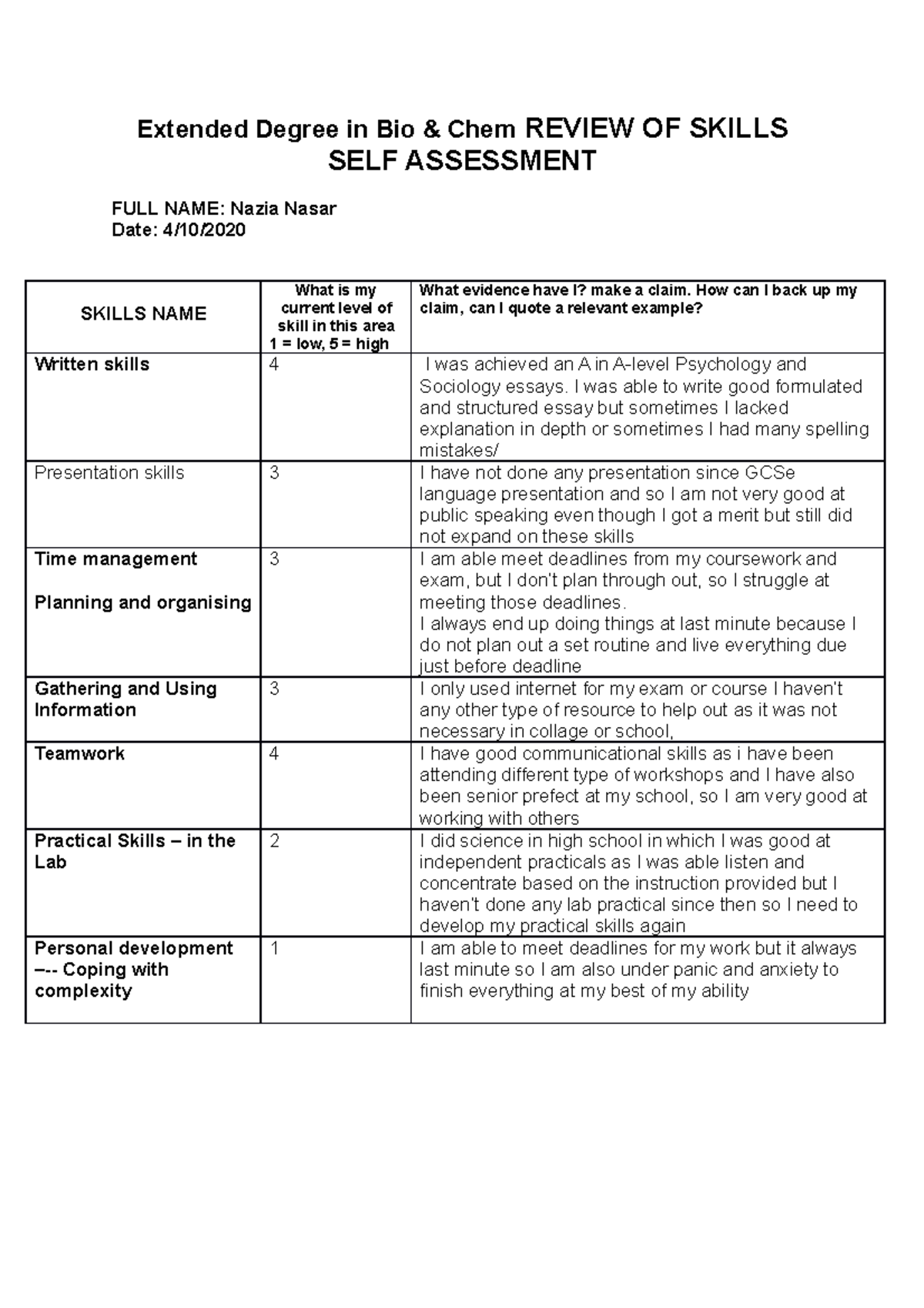 Skill questionnaire 1 - Extended Degree in Bio & Chem REVIEW OF SKILLS ...