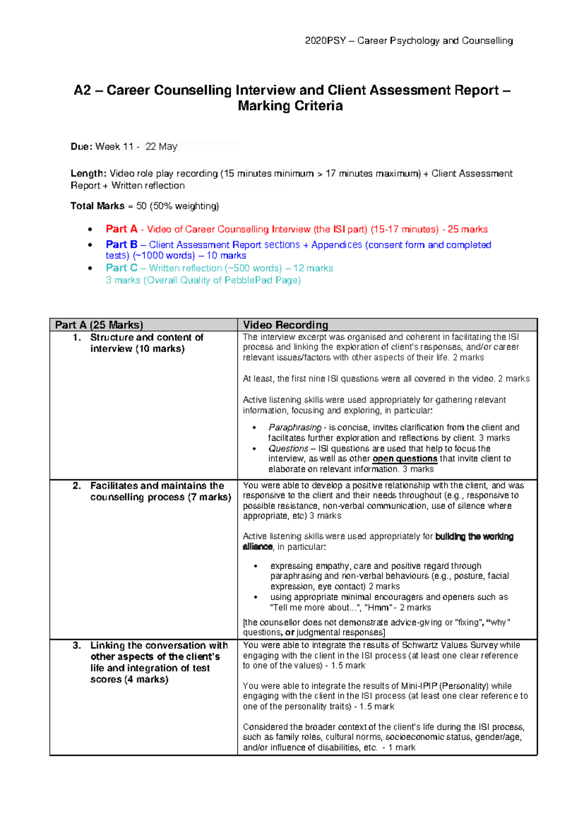 A2 Marking Criteria-2-1 - 2020PSY – Career Psychology and Counselling A2 – Career Counselling ...