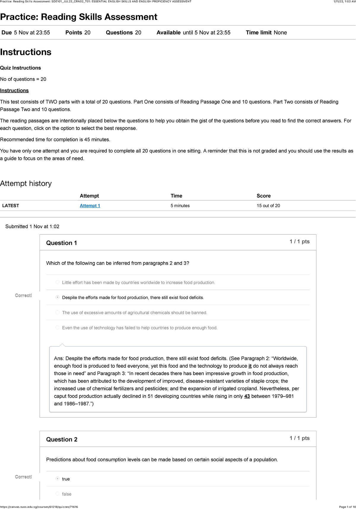 Practice: Reading Skills Assessment: SDE101 JUL23 CRN02 T01: Essential ...