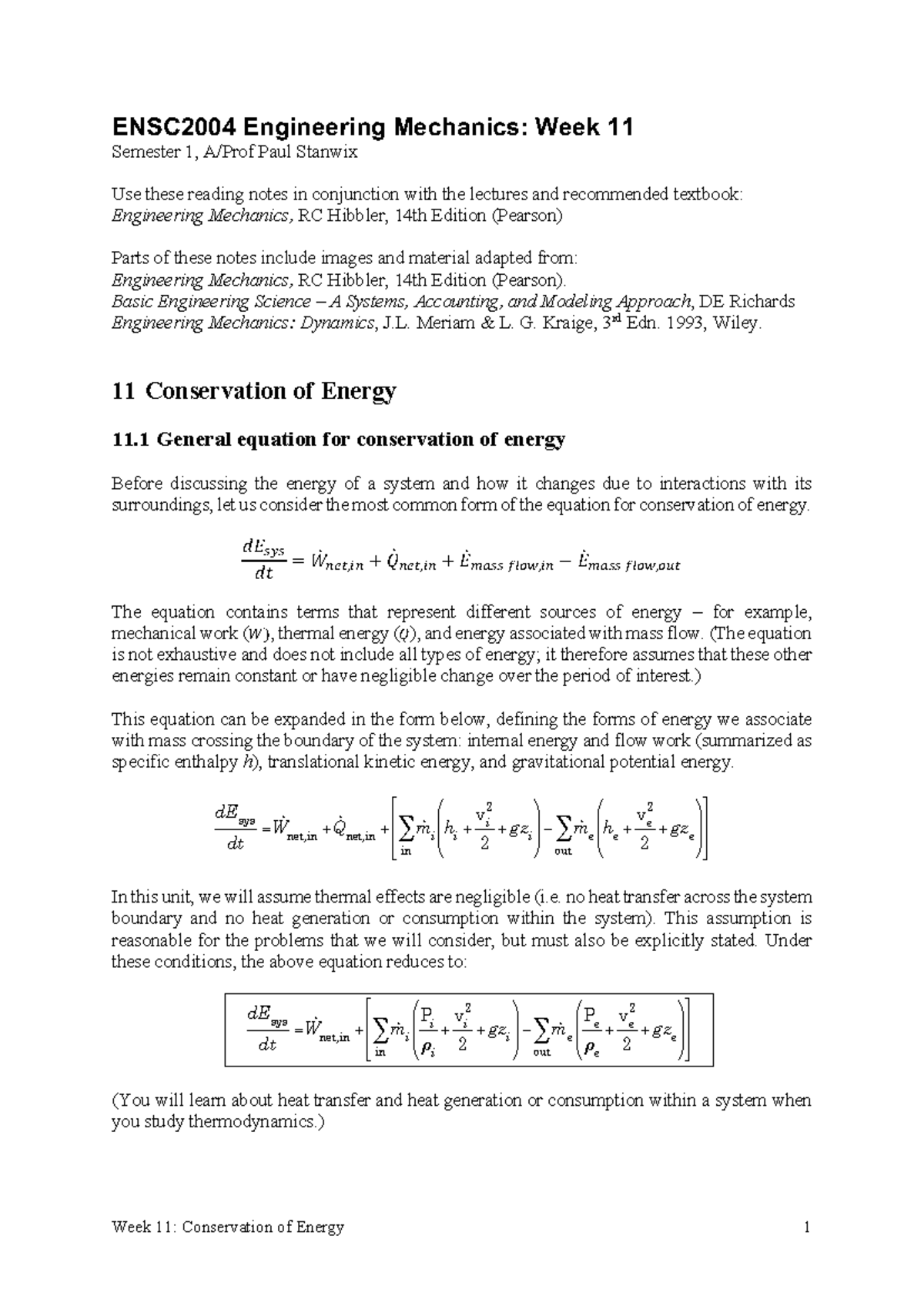 Week 11 - Conservation of Energy - ENSC200 4 Engineering Mechanics: Week 11 Semester 1, A/Prof ...