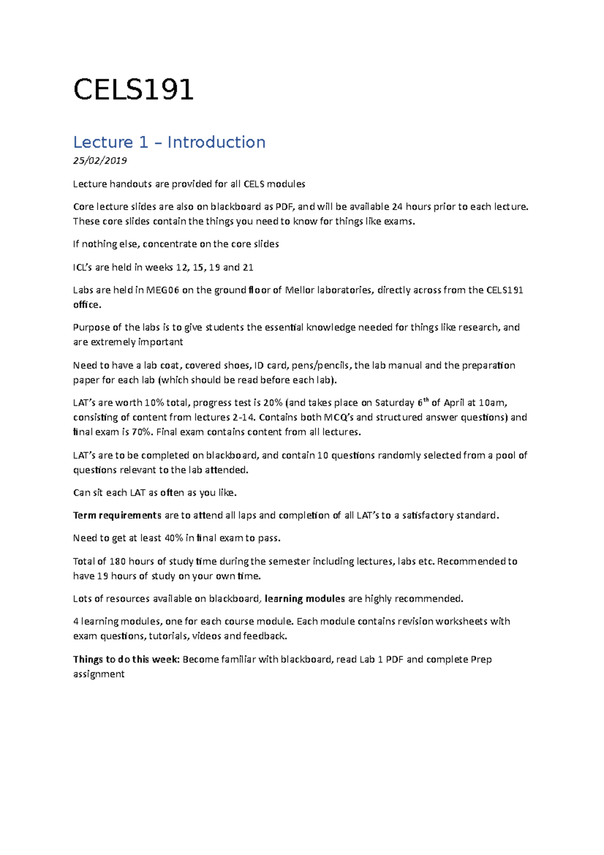 CELS191 Full Notes - CELS Lecture 1 – Introduction 25/02/ Lecture ...
