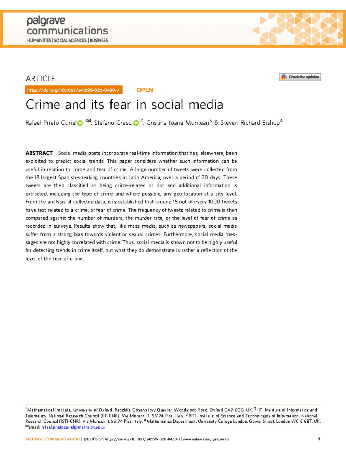 Crime and its fear in media - ARTICLE Crime and its fear in social ...
