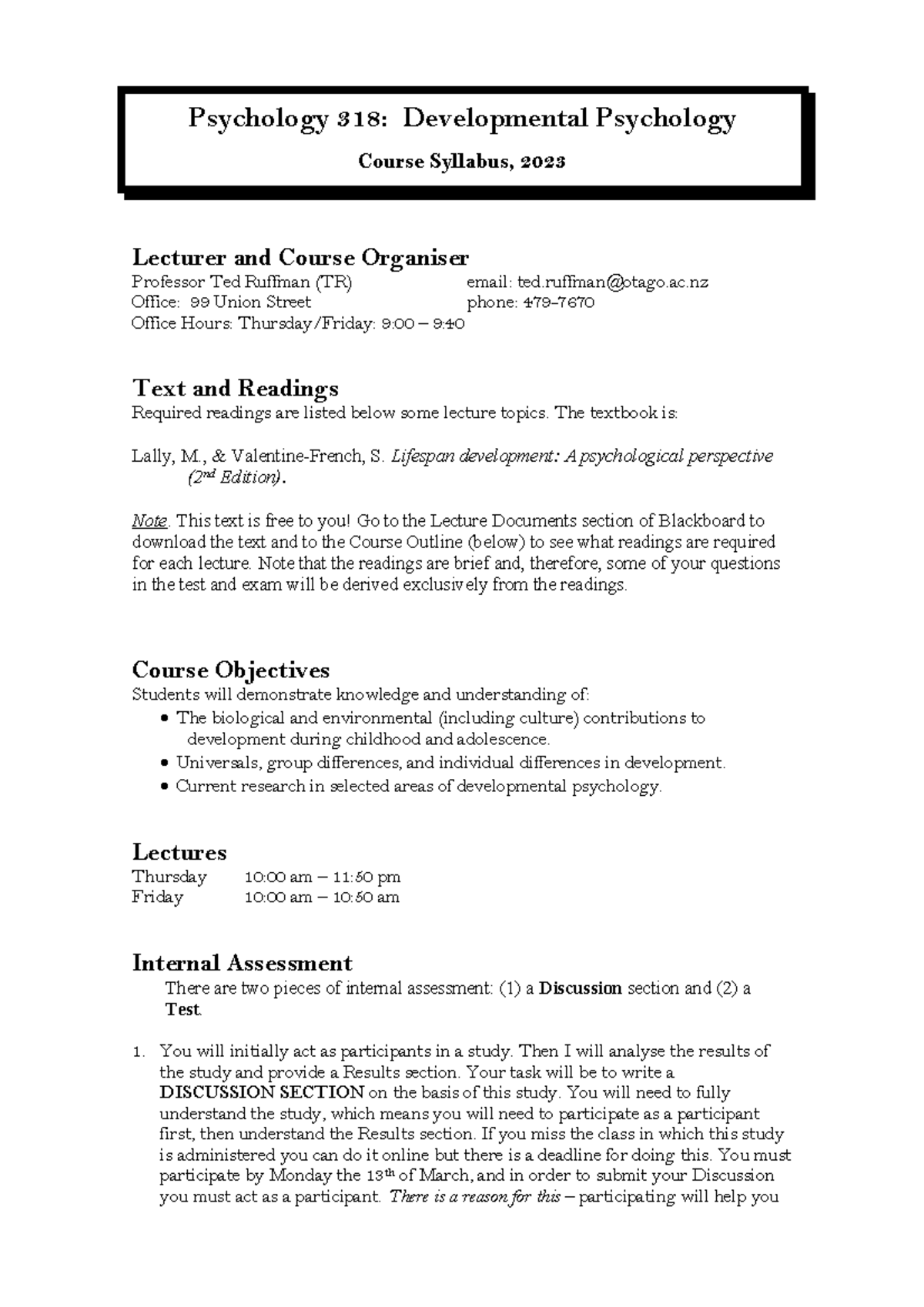 Syllabus for class - Psychology 318: Developmental Psychology Course ...