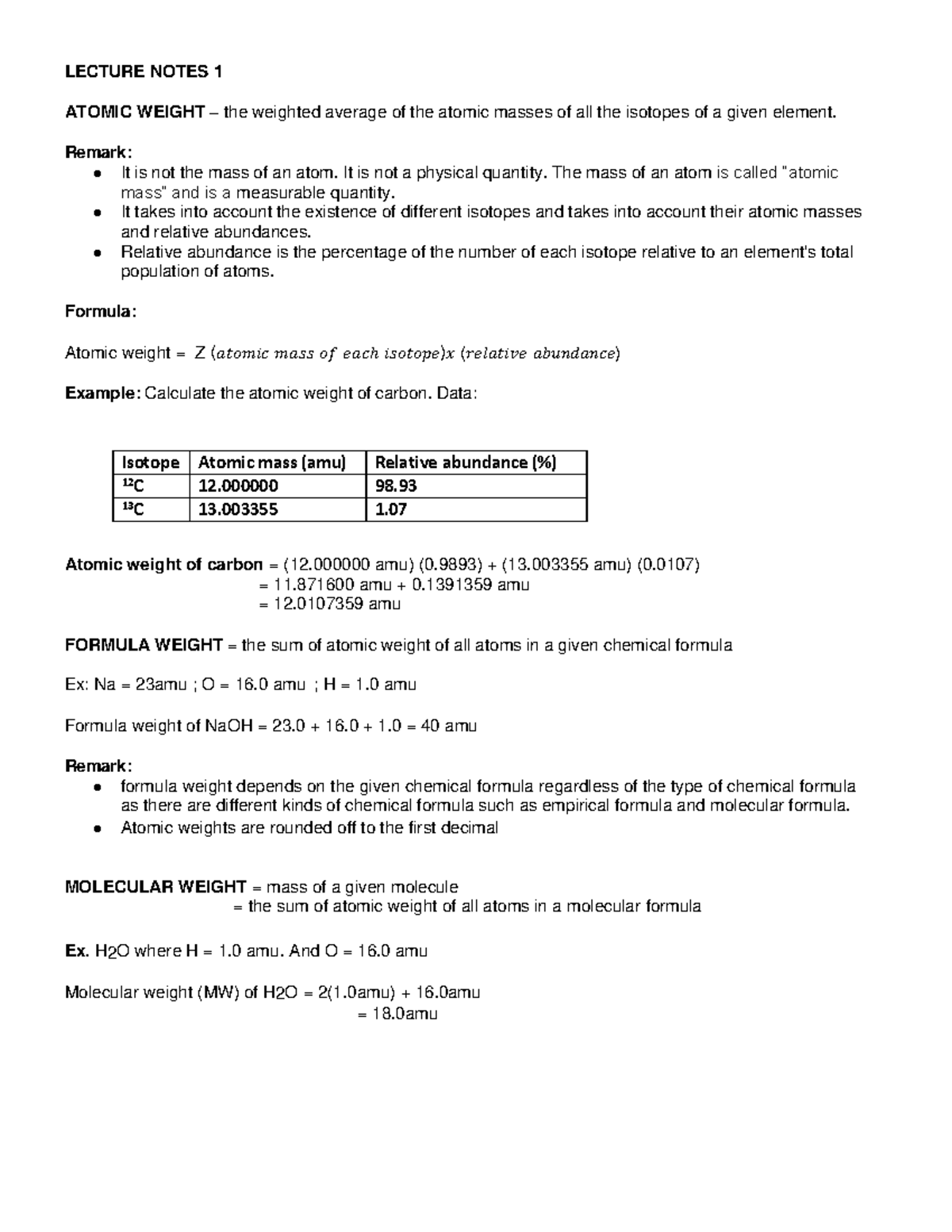 Formula Weights Moles and Balanced Chemical Equation - LECTURE NOTES 1 ...