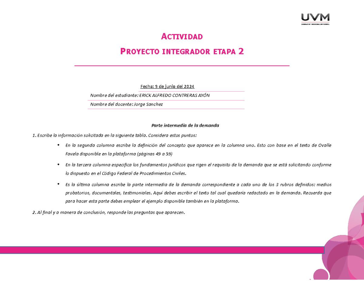 proyecto integrador etapa 2 - ACTIVIDAD P ROYECTO INTEGRADOR ETAPA 2 Parte intermedia de la ...