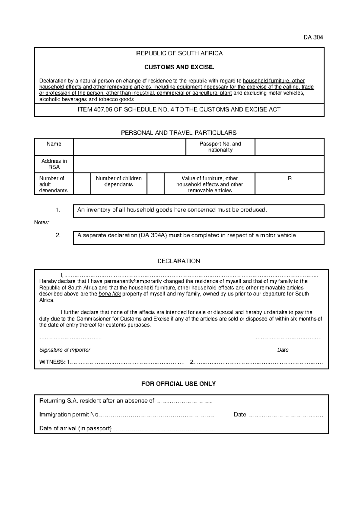 DA 304 Household effects on permanent change of residence External Form ...