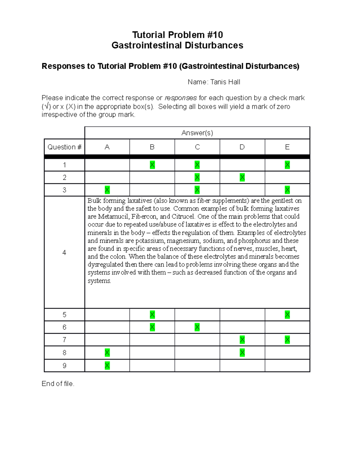 Tutorial Problem #10 - GI MCQ Submission Sheet - Tanis Hall - Tutorial ...