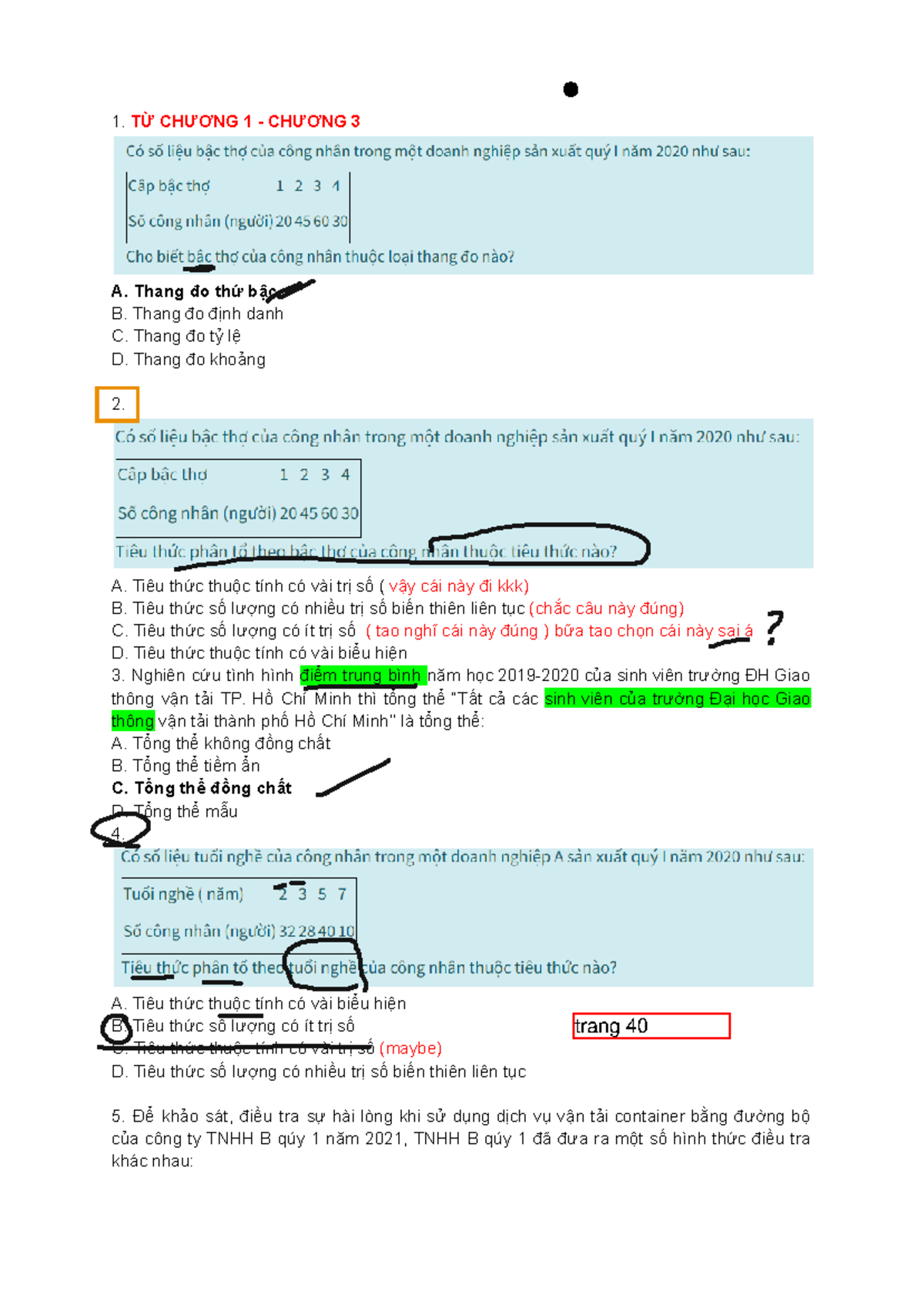 Nltk-trắc-ng - Nguyên lí thống kê - 1. TỪ CHƯƠNG 1 - CHƯƠNG 3 A. Thang đo thứ bậc B. Thang đo ...