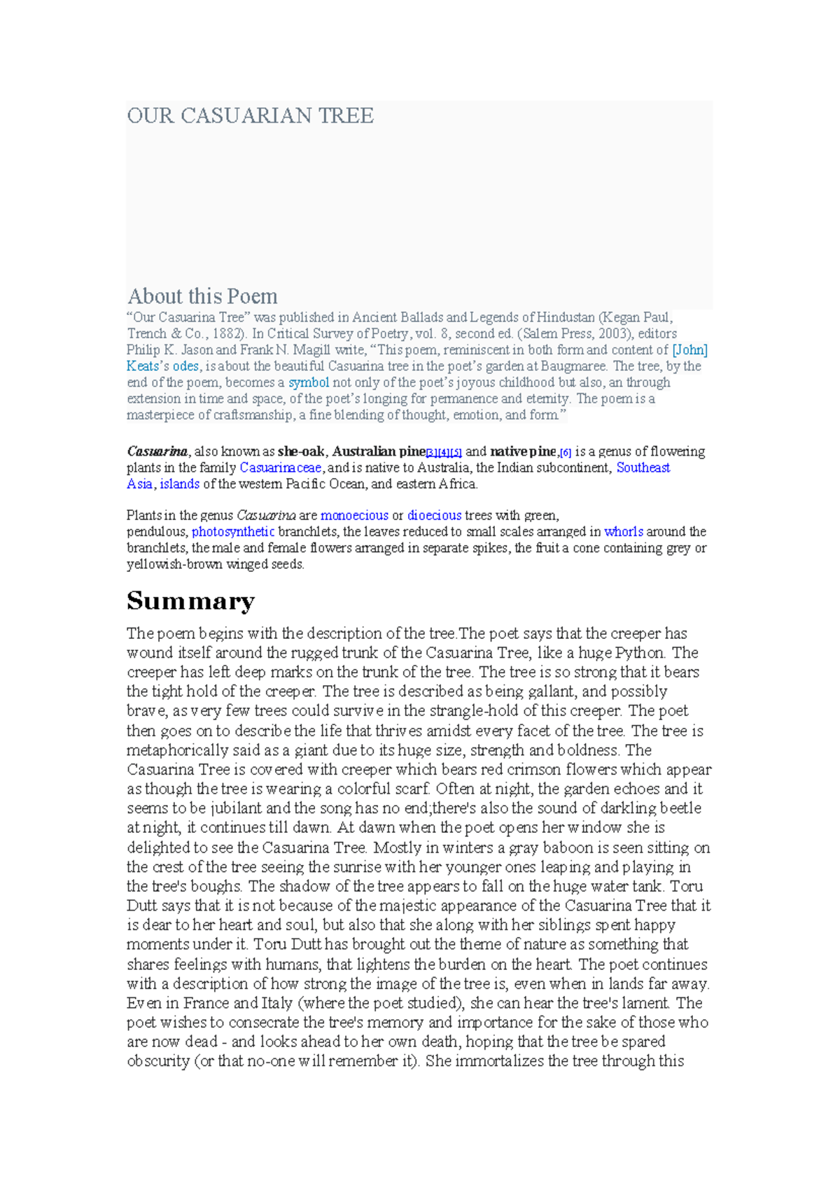 OUR Casaurain TREE - POEM SUMMARY - OUR CASUARIAN TREE About this Poem ...