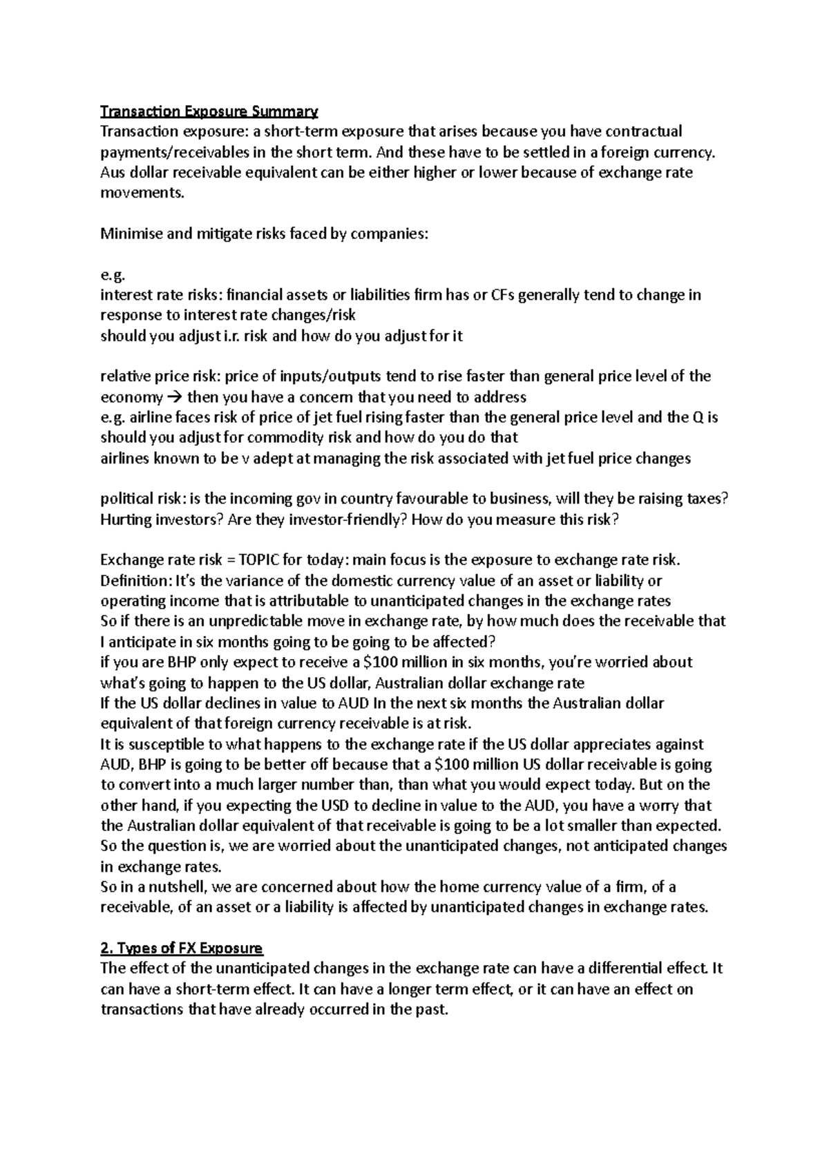 Transaction Exposure Notes - Transaction Exposure Summary Transaction ...