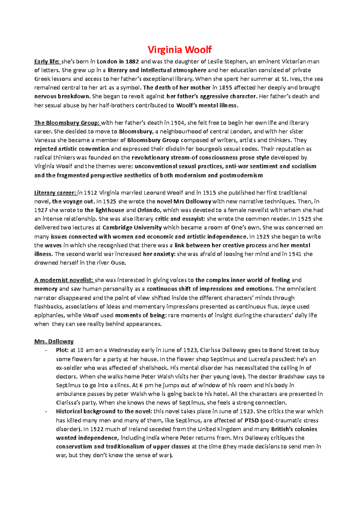 Virginia Woolf - Esercizi inglese - Virginia Woolf Early life: she’s ...