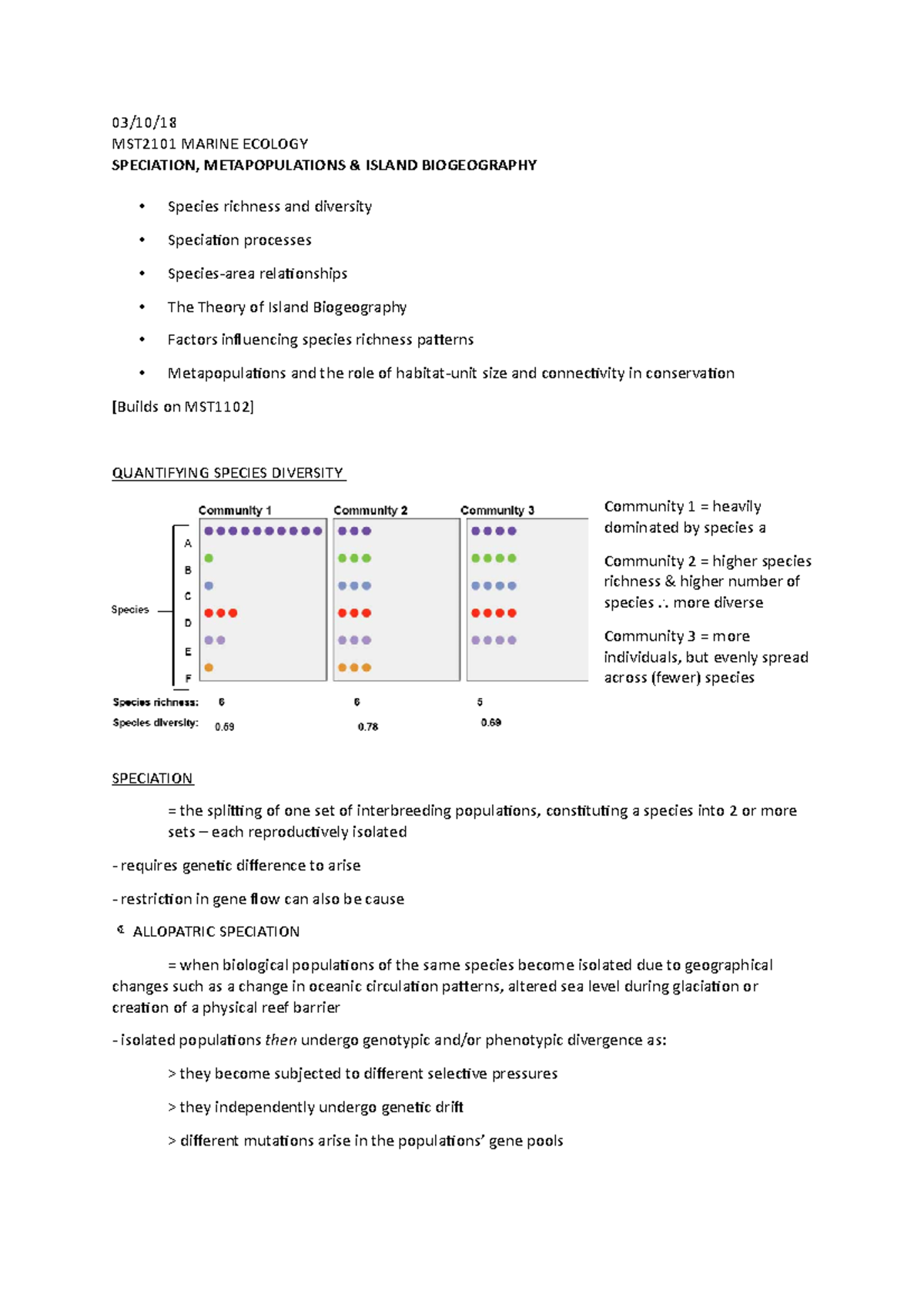 Island biogeography - 03/10/ MST2101 MARINE ECOLOGY SPECIATION ...