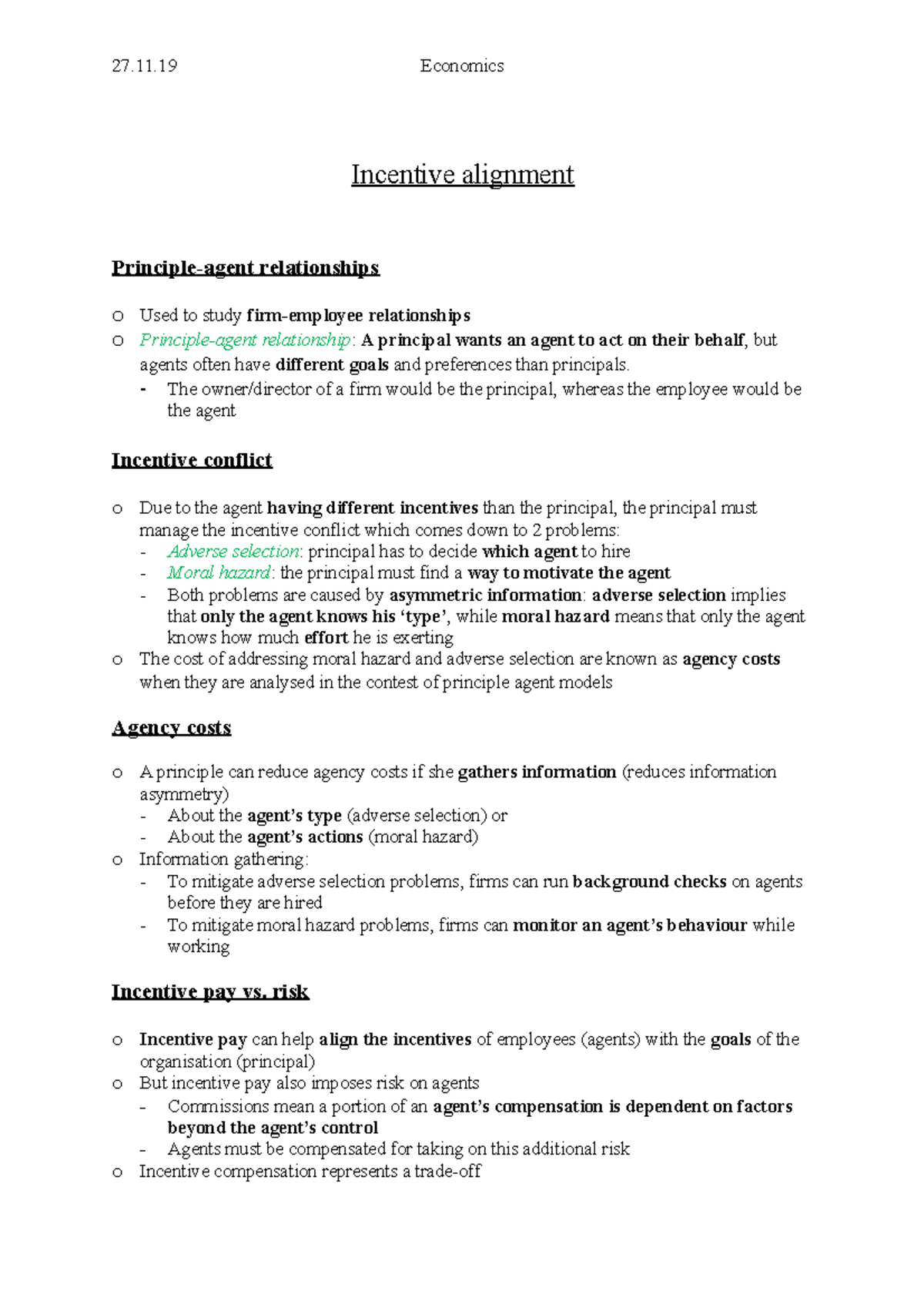 27.11.19 - Incentive alignment - 27.11 Economics Incentive alignment ...