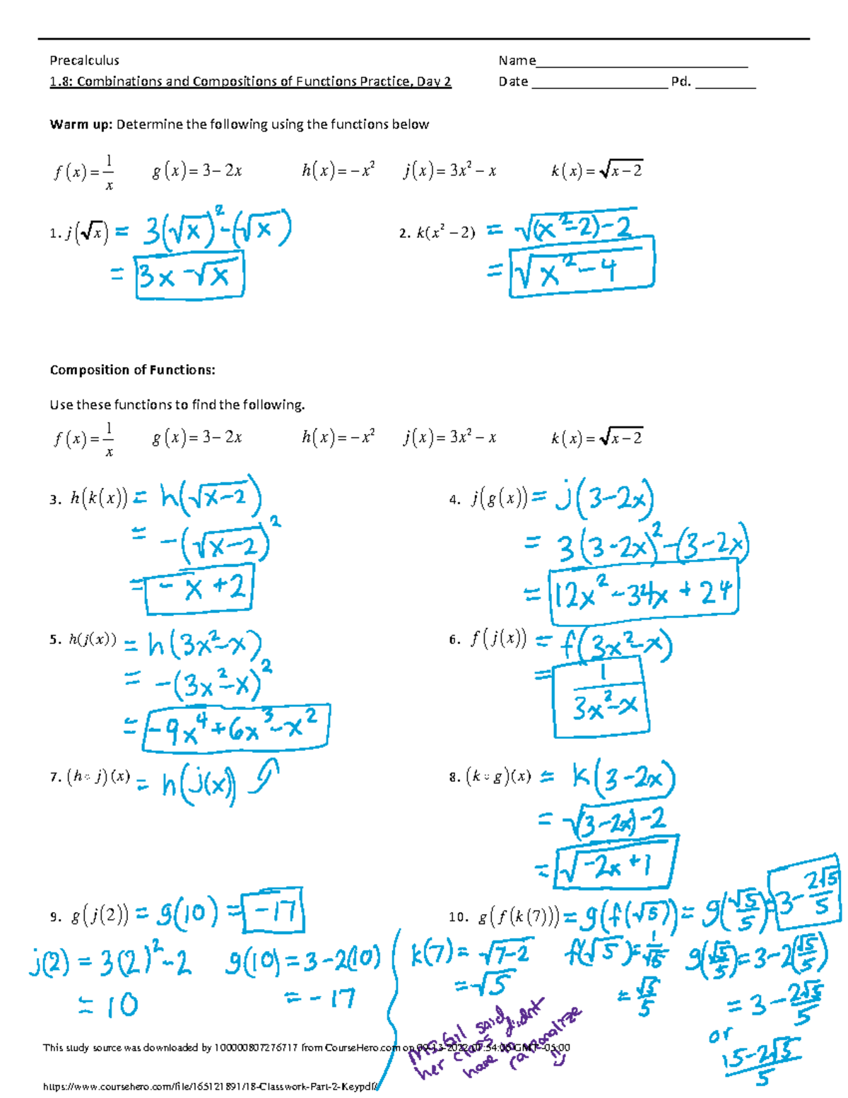 1 - 1.8 Classwork Part 2 Key - Precalculus Name ...