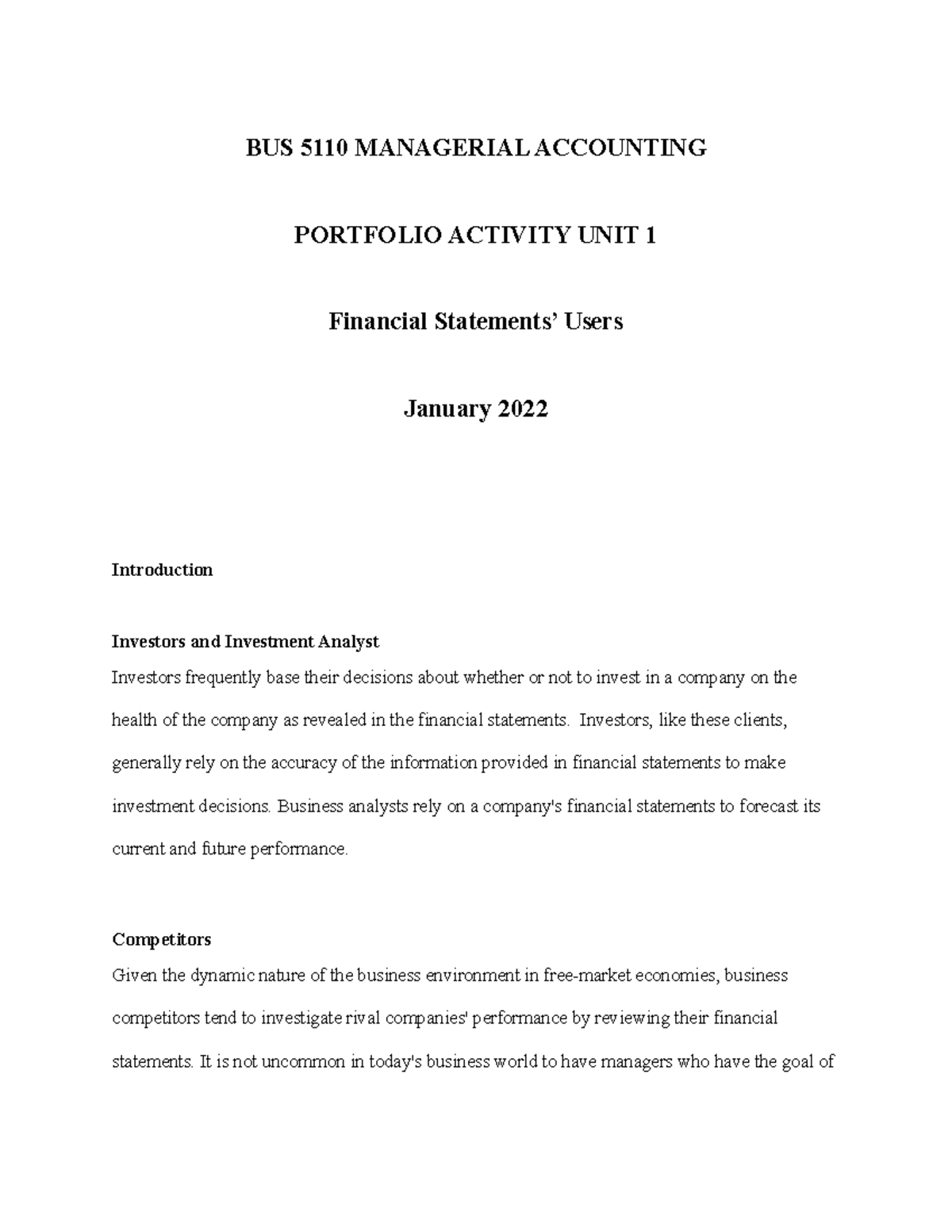 MA Portfolio Activity Unit 1 - BUS 5110 MANAGERIAL ACCOUNTING PORTFOLIO ...
