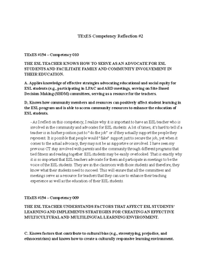 TEx ES Competency Reflection 1 - TExES Competency Reflection TExES #154 – Competency 007 THE ESL ...