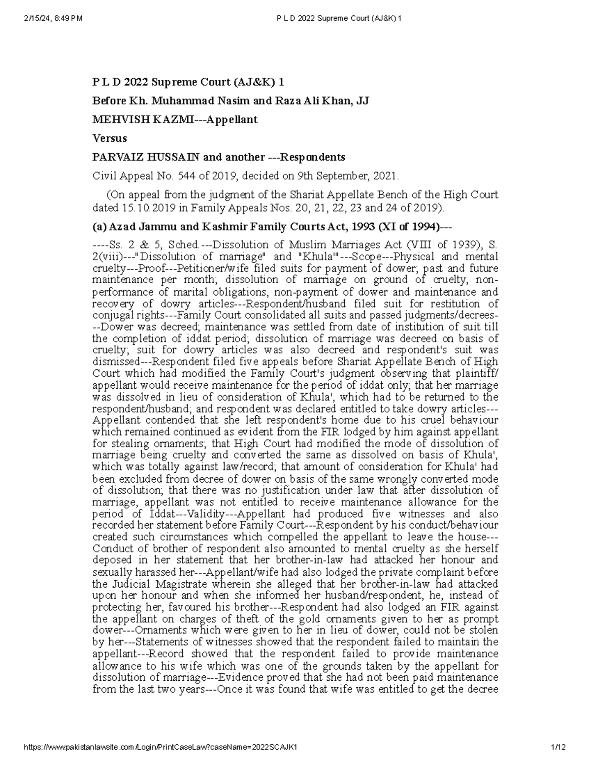 P L D 2022 Supreme Court (AJ&K) 1 - Muhammad Nasim and Raza Ali Khan ...