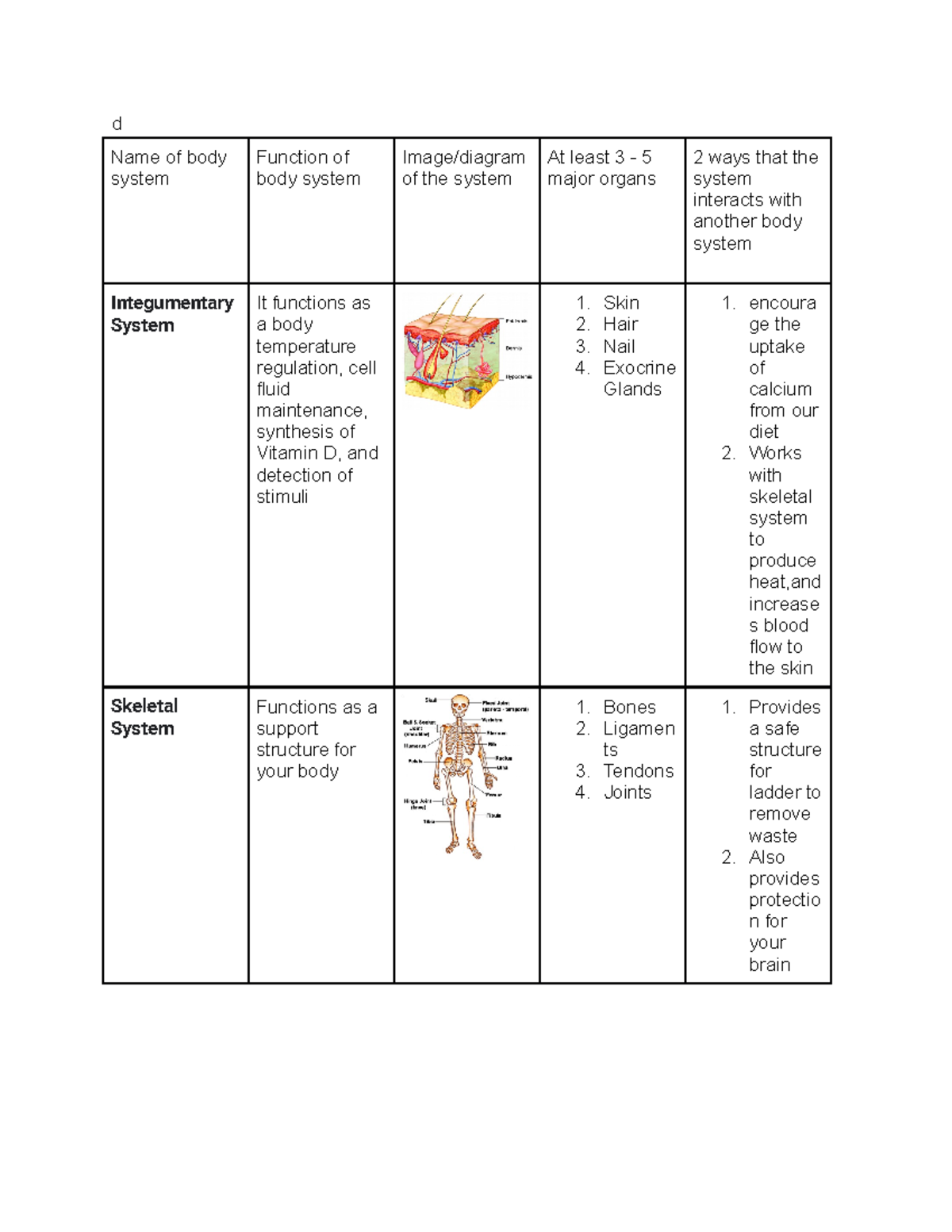 D - Biology Assignment - d Name of body system Function of body system ...