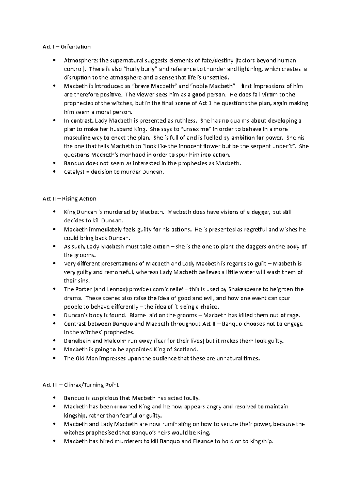 Macbeth Act 1 - 5 Summary sheet - Act I – Orientation Atmosphere: the ...