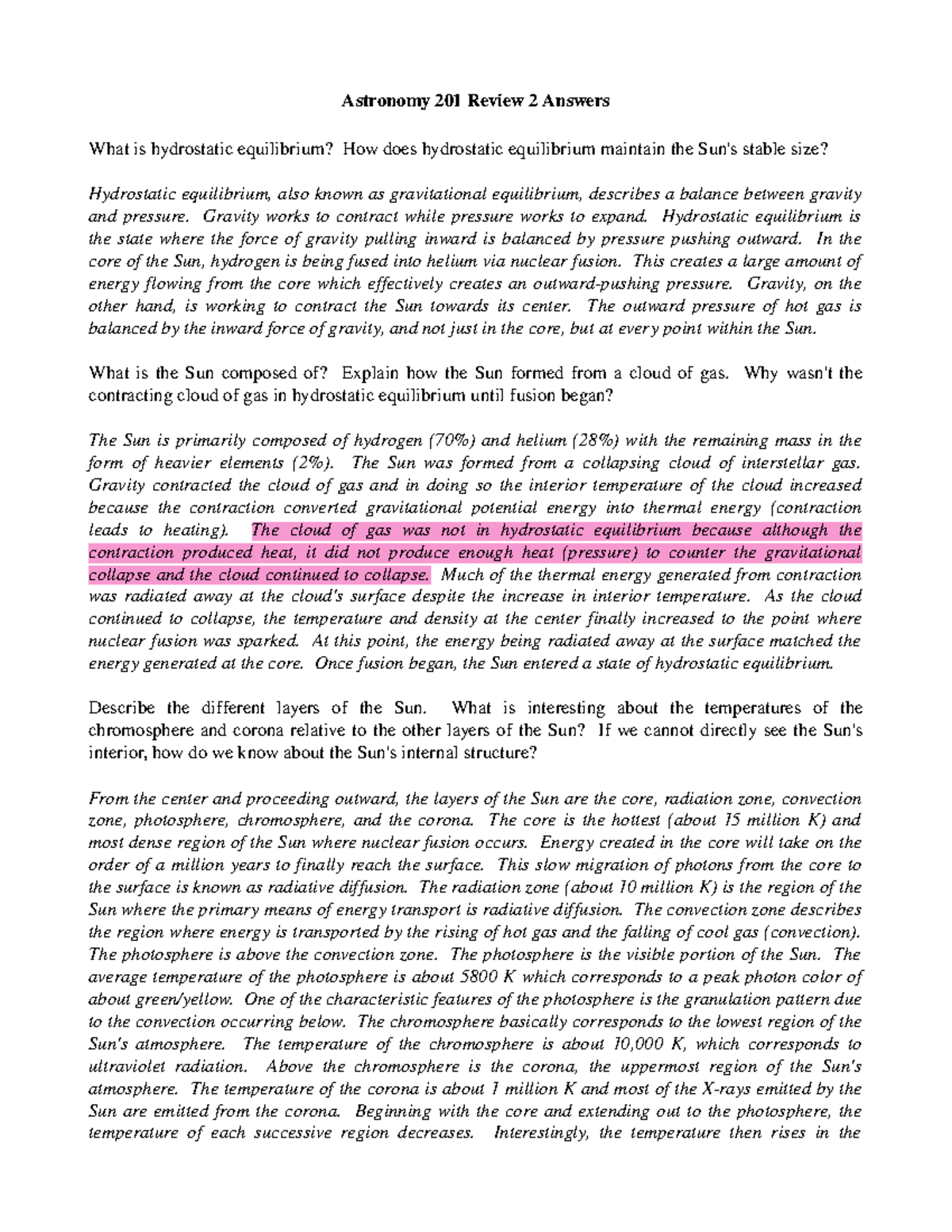 The Sun , Our Star and nuclear fusion . - Astronomy 201 Review 2 ...