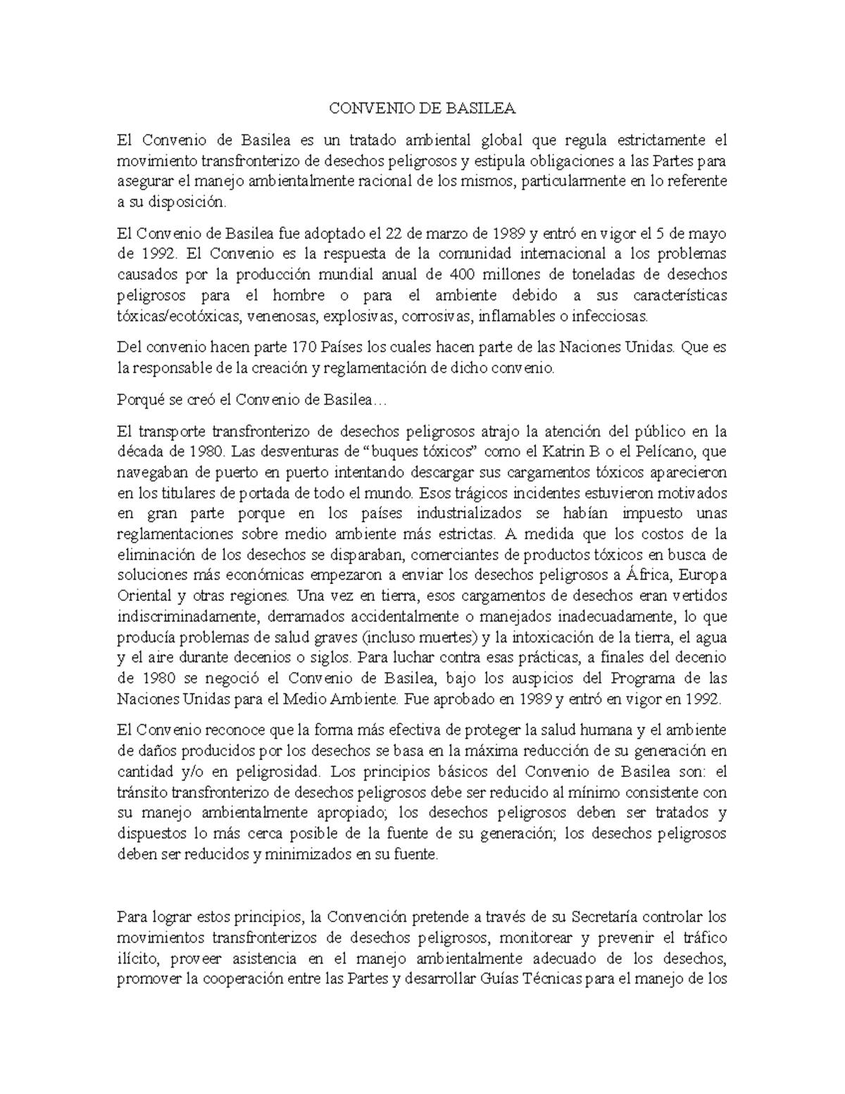 Convenio DE Basilea - apuntes para exposicion - CONVENIO DE BASILEA El ...
