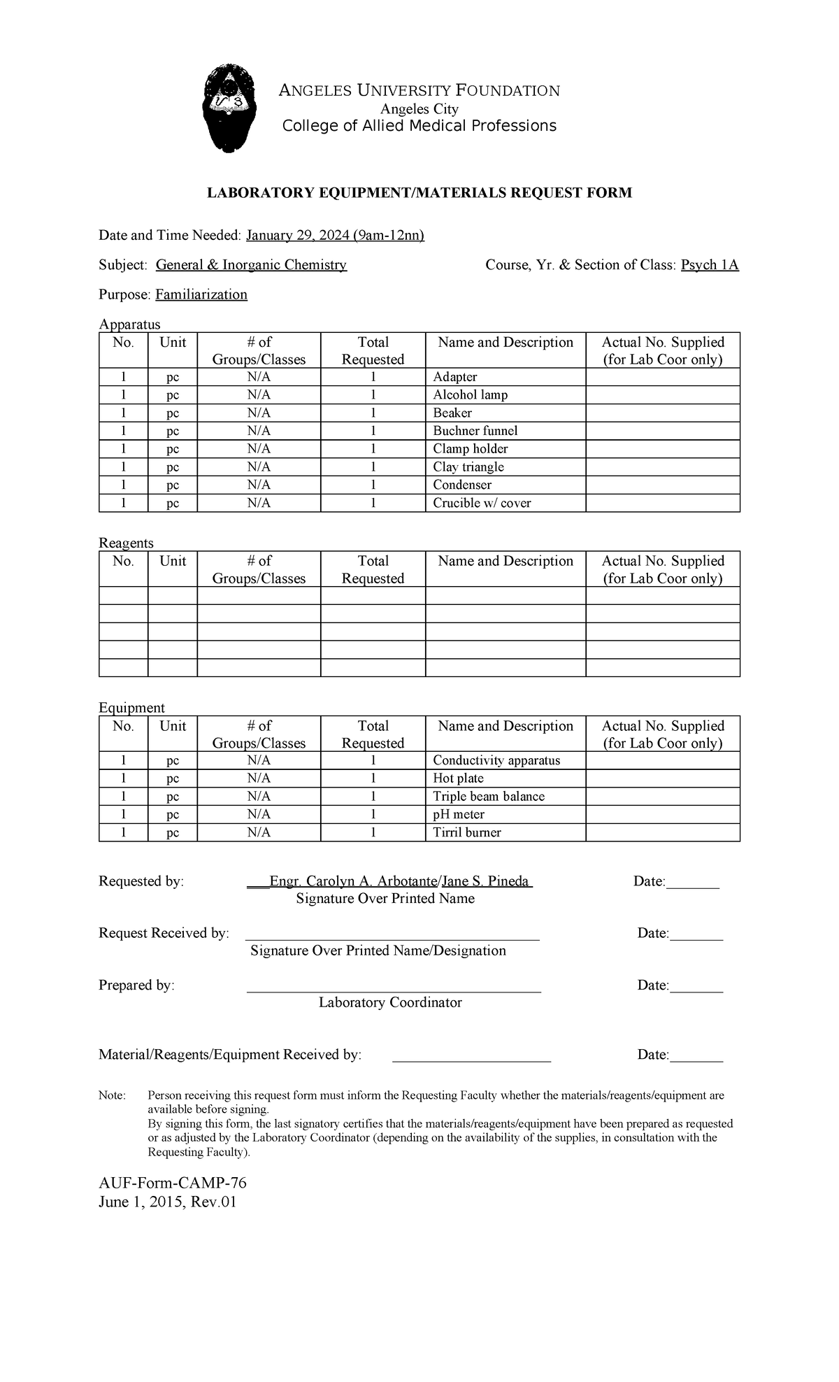 MT LAB Request FORM - Familiarization - ANGELES UNIVERSITY FOUNDATION ...