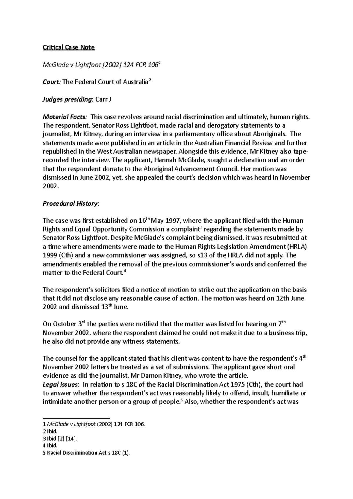 Critical Case Note - The respondent, Senator Ross Lightfoot, made ...