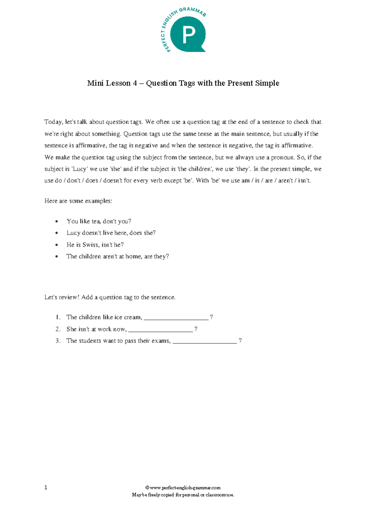 PEG Mini lesson 4 - Question Tags with Present S - 1 © perfect-english ...