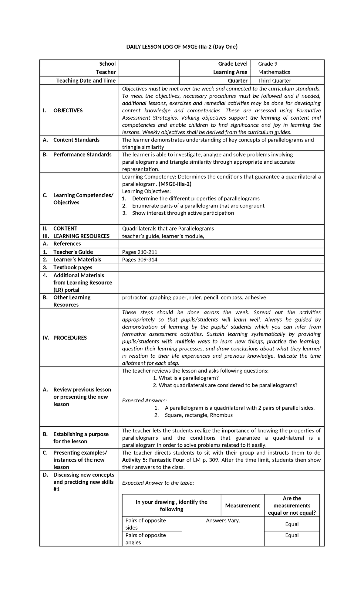 MATH G9 III-Day 2 - day 2 - DAILY LESSON LOG OF M9GE-IIIa-2 (Day One ...