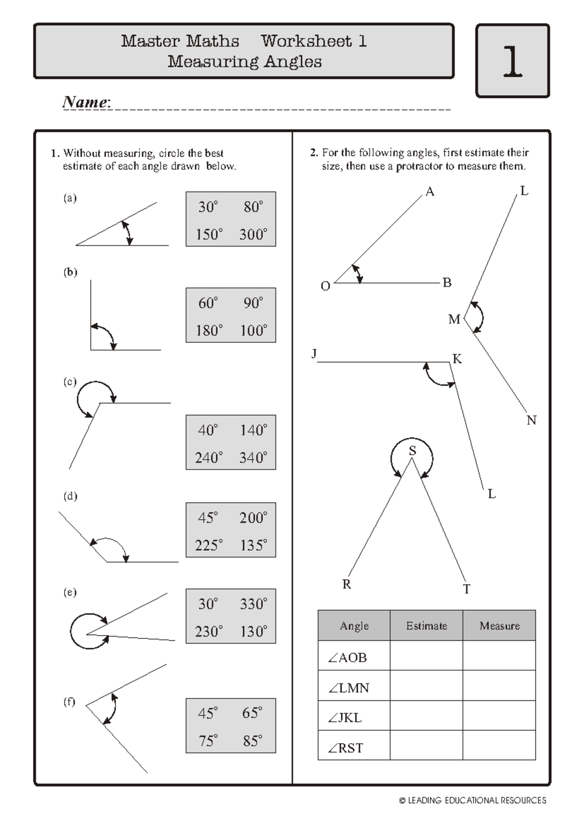 MM7 01. Measuring Angles - Ó LEADING EDUCATIONAL RESOURCES Name: Master ...
