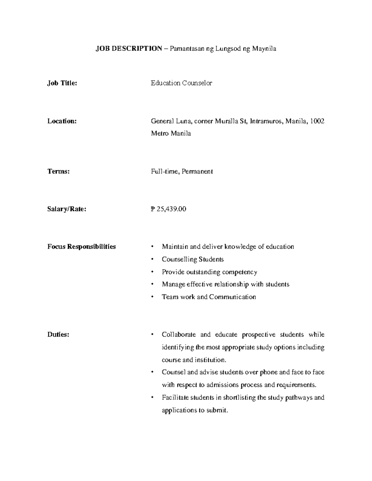 Bonifacio (Job Description) BSP2-3 - JOB DESCRIPTION – Pamantasan ng ...